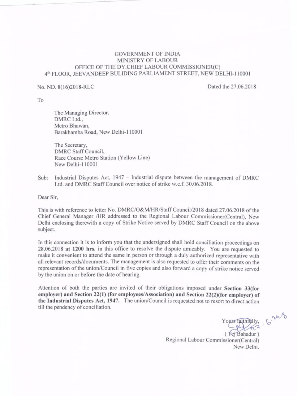 Ministry Of Labour Has Call A Conciliation Proceedings To Resolve Dispute